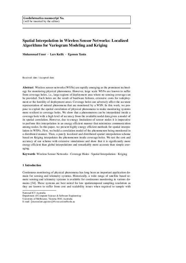 (PDF) Spatial interpolation in wireless sensor networks: localized algorithms for variogram ...