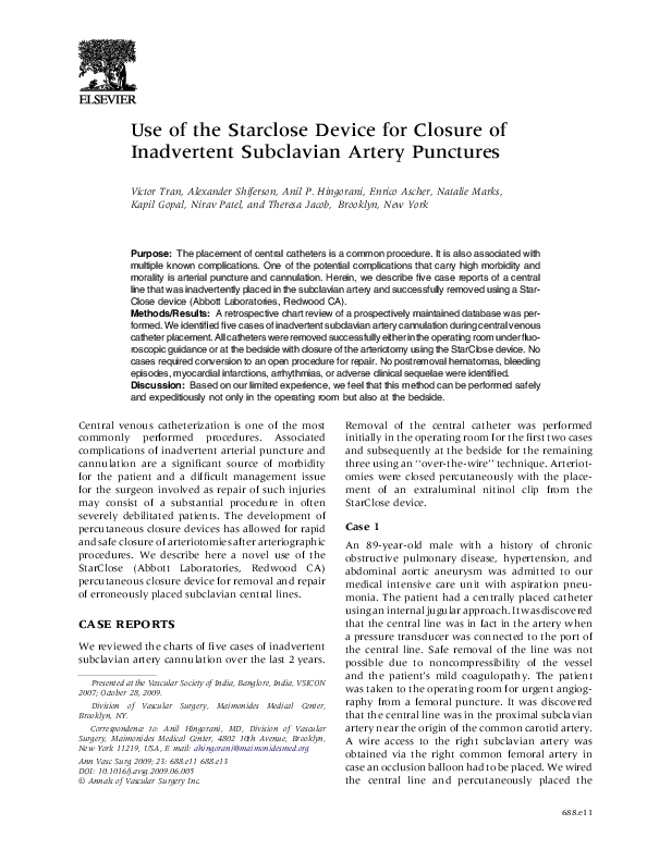 (PDF) Use of the Starclose Device for Closure of Inadvertent Subclavian ...