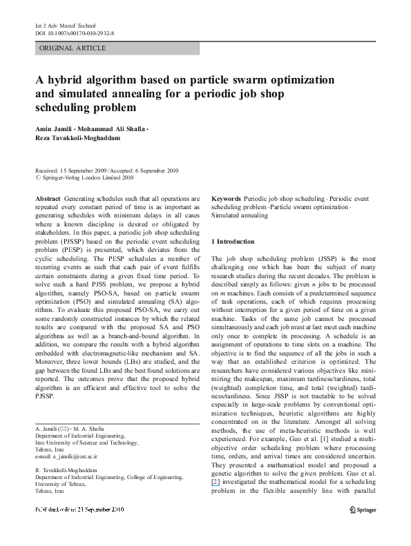 Pdf A Hybrid Algorithm Based On Particle Swarm Optimization And