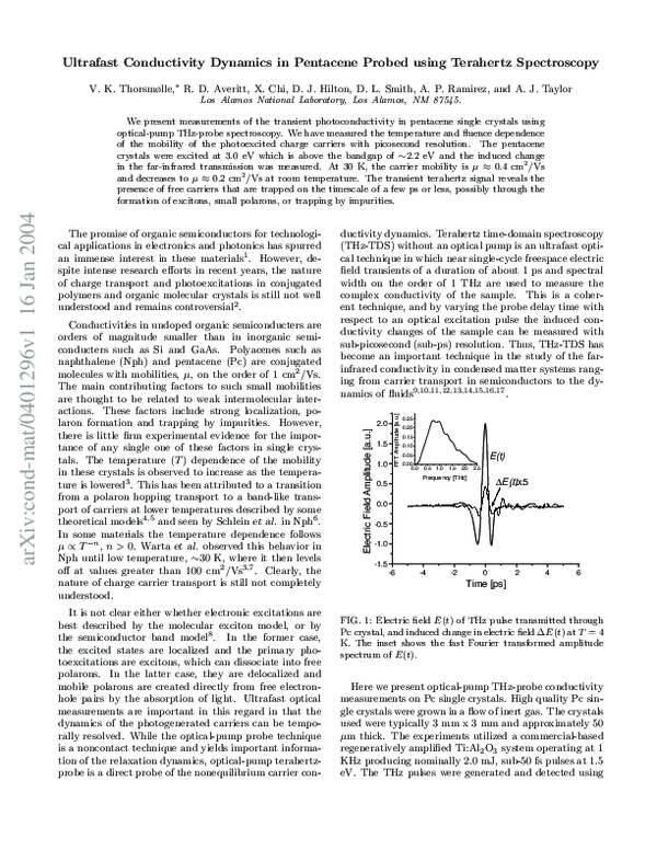 (PDF) Ultrafast conductivity dynamics in pentacene probed using terahertz time-domain spectroscopy