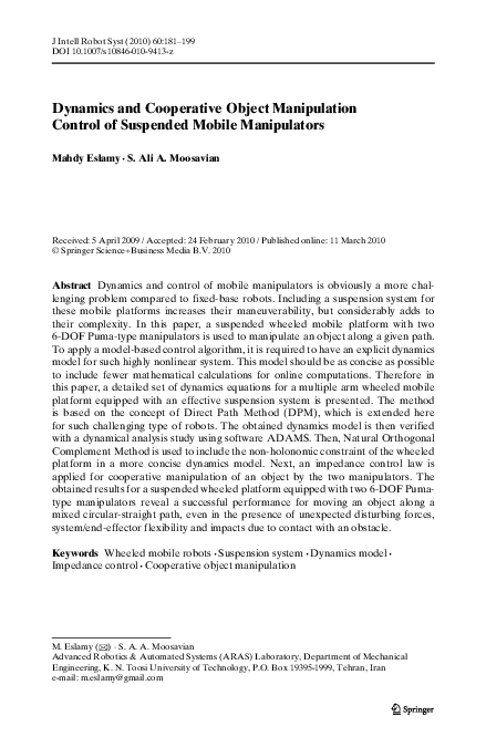 (PDF) Dynamics and Cooperative Object Manipulation Control of Suspended Mobile Manipulators