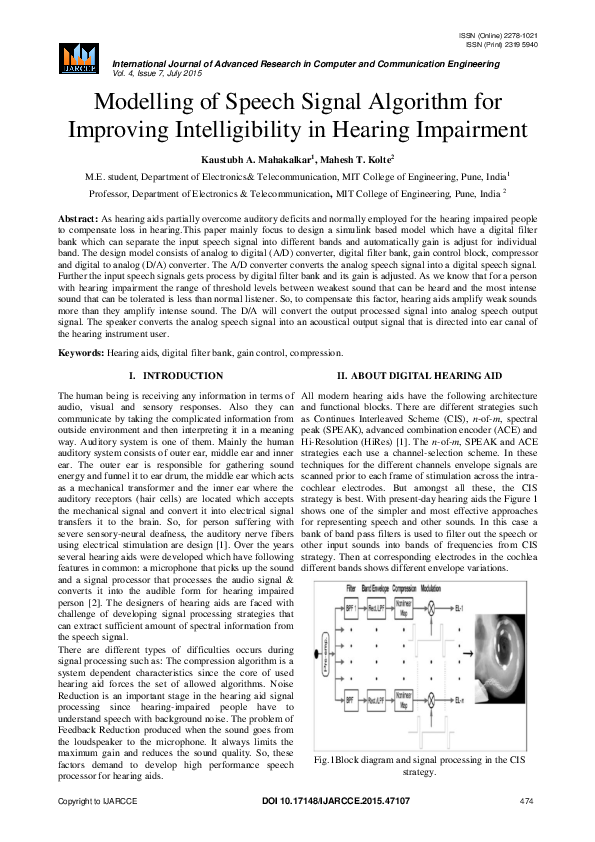 Pdf Modelling Of Speech Signal Algorithm For Improving
