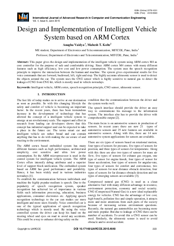 (PDF) Design and Implementation of Intelligent Vehicle System based on ARM Cortex