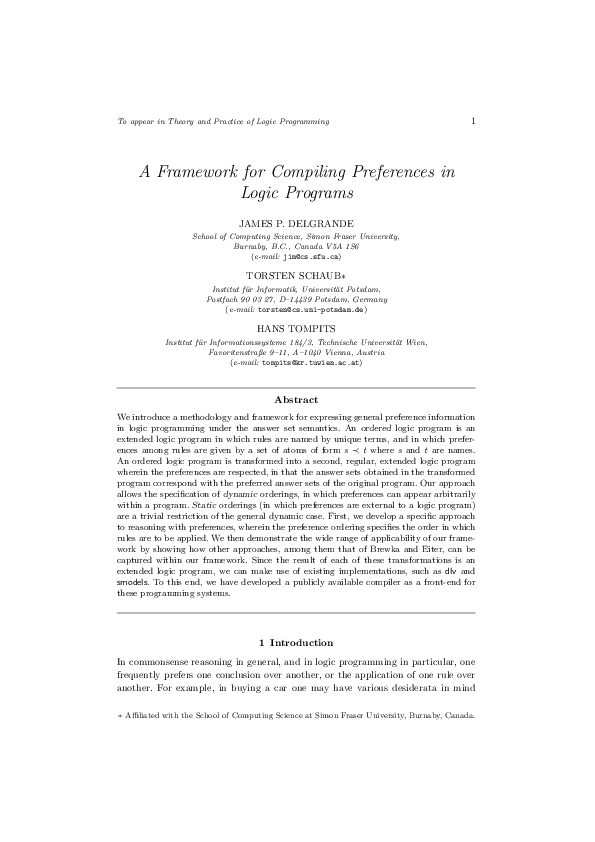 (PDF) A Framework for Compiling Preferences in Logic Programs