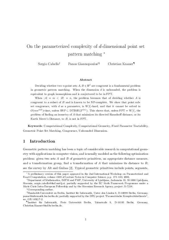 (PDF) On the Parameterized Complexity of d-Dimensional Point Set Pattern Matching