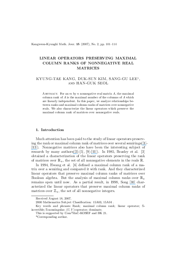 (PDF) Linear Operators Preserving Maximal Column Ranks of Nonnegative Real Matrices