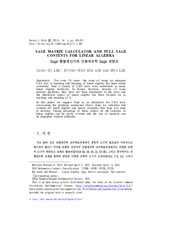 (PDF) Sage Matrix Calculator and Full Sage Contents for Linear Algebra
