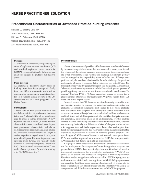 (PDF) Preadmission Characteristics of Advanced Practice Nursing Students