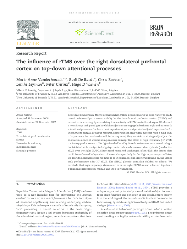 (PDF) The influence of rTMS over the right dorsolateral prefrontal cortex on top-down ...