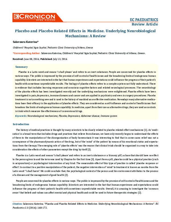 (PDF) Placebo and Placebo Related Effects in Medicine. Underlying ...