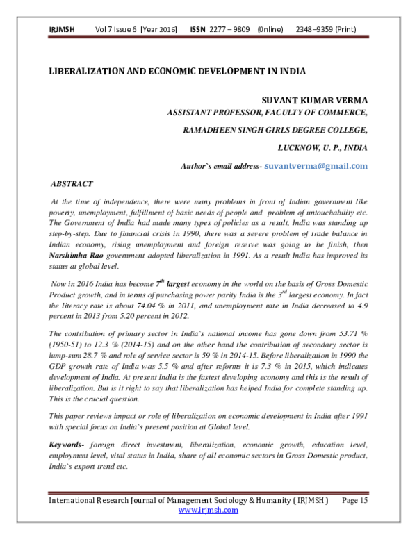 (PDF) LIBERALIZATION AND ECONOMIC DEVELOPMENT IN INDIA