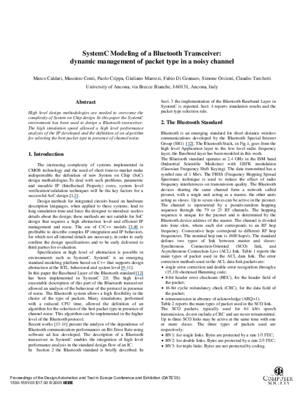 (PDF) SystemC Modeling of a Bluetooth Transceiver: Dynamic Management of Packet Type in a Noisy ...