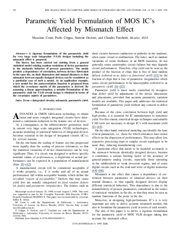 Pdf Parametric Yield Formulation Of Mos Ic S Affected By Mismatch Effect