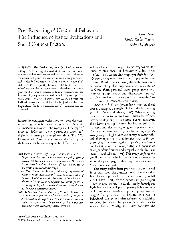 (PDF) Peer Reporting of Unethical Behavior: The Influence of Jusfce ...