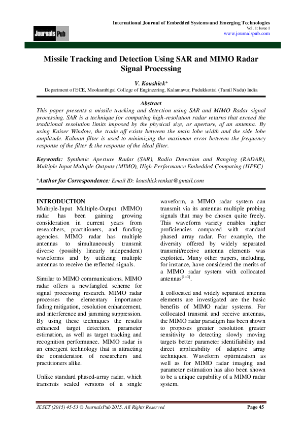 (PDF) Missile Tracking and Detection Using SAR and MIMO Radar Signal Processing