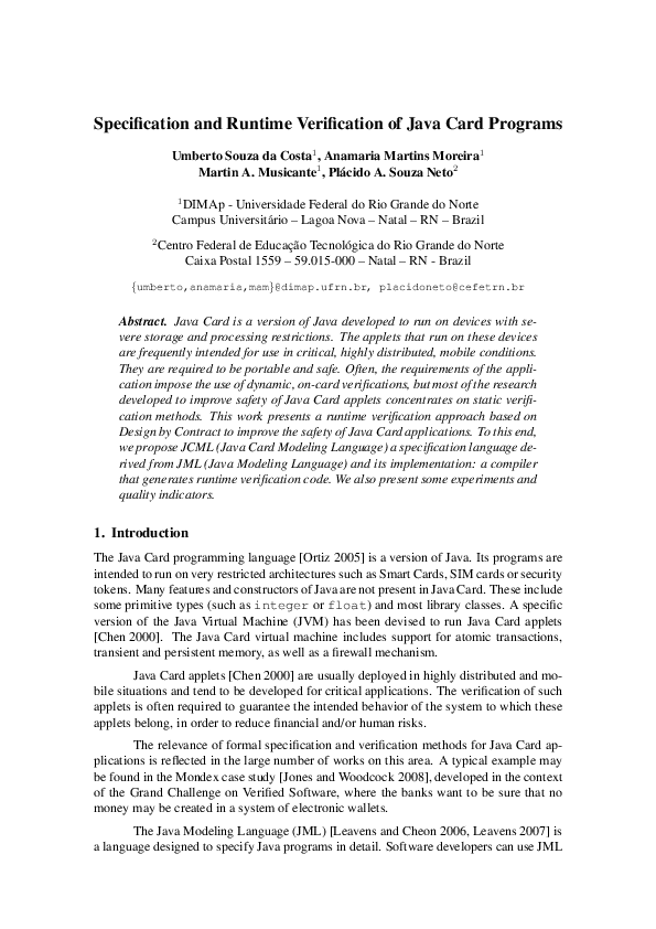 (PDF) Specification and Runtime Verification of Java Card Programs