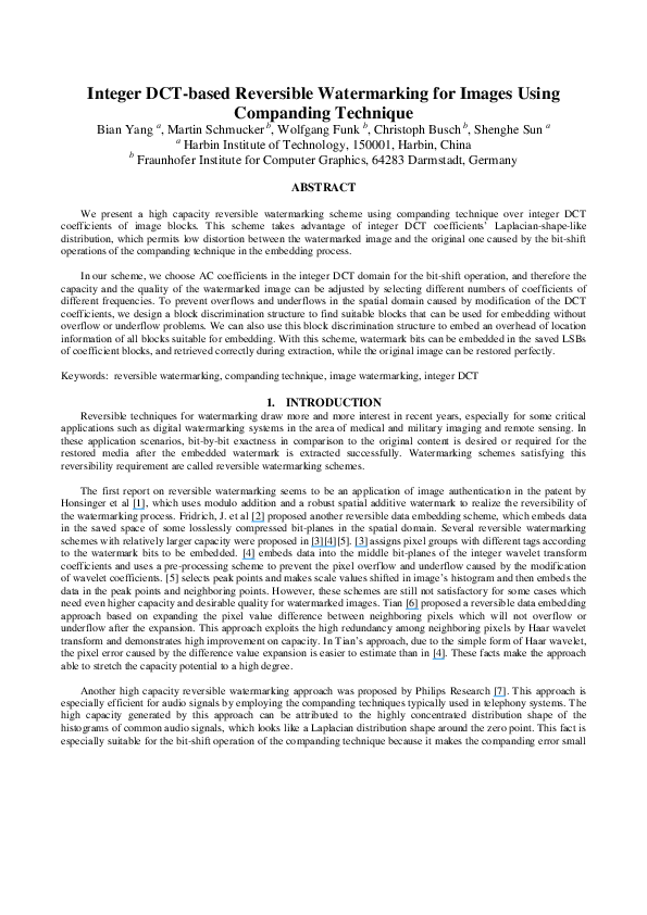 Pdf Integer Dct Based Reversible Watermarking For Images Using Companding Technique