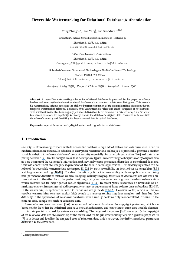 (PDF) Reversible Watermarking for Relational Database Authentication