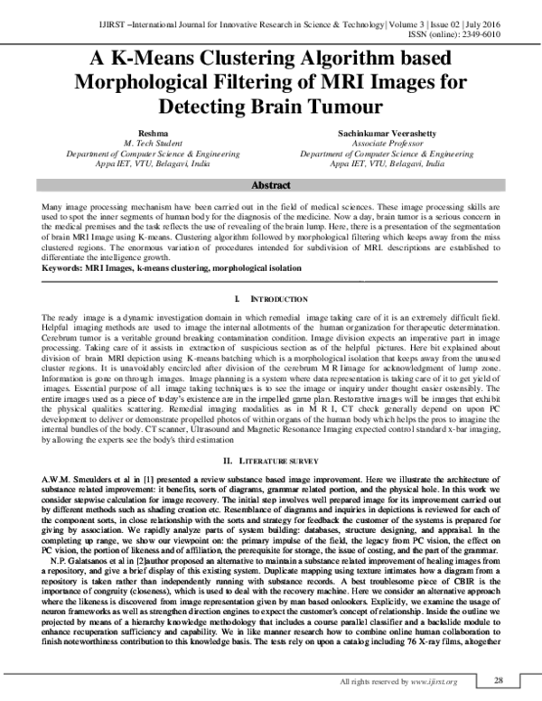 Pdf A K Means Clustering Algorithm Based Morphological Filtering Of