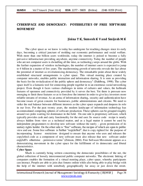 (PDF) CYBERSPACE AND DEMOCRACY: POSSIBILITIES OF FREE SOFTWARE MOVEMENT