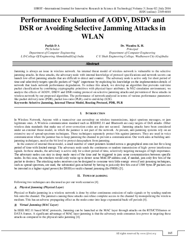 Pdf Performance Evaluation Of Aodv Dsdv And Dsr Or Avoiding Selective Jamming Attacks In Wlan