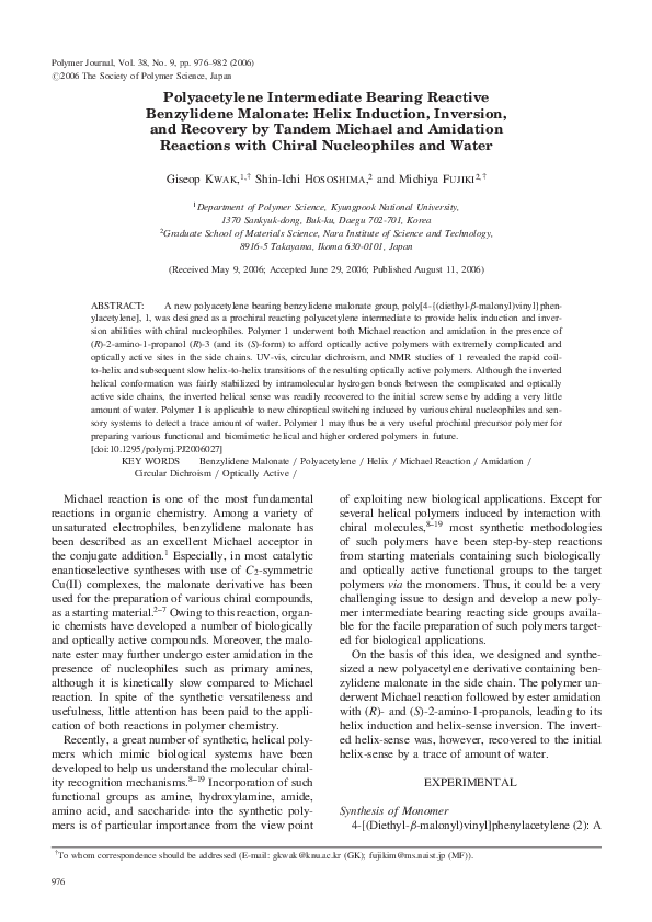 (PDF) Polyacetylene Intermediate Bearing Reactive Benzylidene Malonate: Helix Induction ...