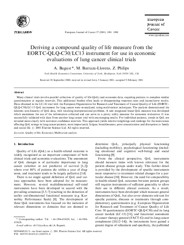 (PDF) Deriving a compound quality of life measure from the EORTC-QLQ-C30/LC13 instrument for use ...