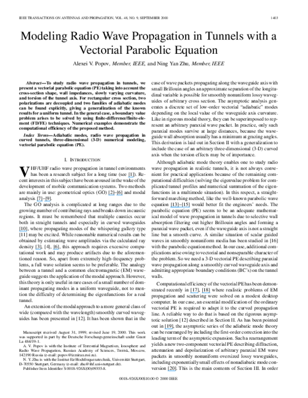 Pdf Modeling Radio Wave Propagation In Tunnels With A Vectorial Parabolic Equation