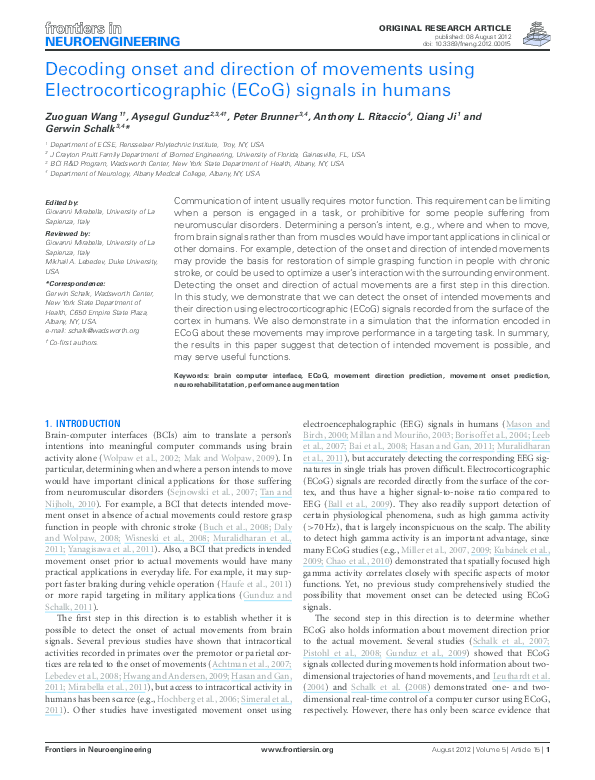 (PDF) Decoding onset and direction of movements using Electrocorticographic (ECoG) signals in humans
