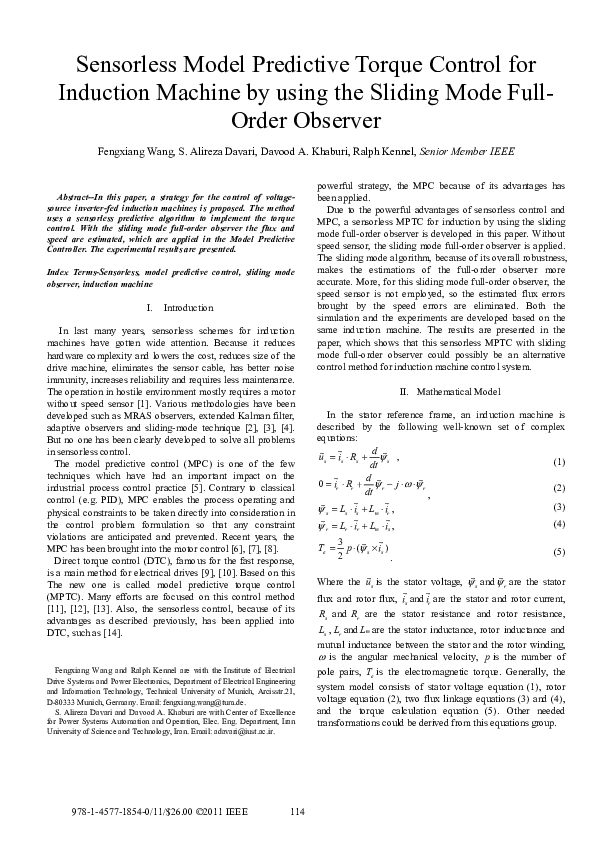 Pdf Sensorless Model Predictive Torque Control For Induction Machine