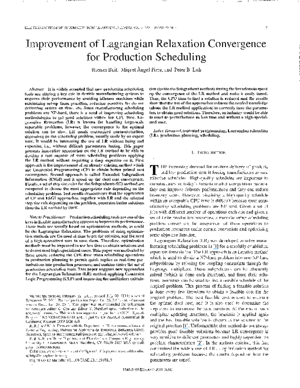 (PDF) Improvement of Lagrangian Relaxation Convergence for Production Scheduling