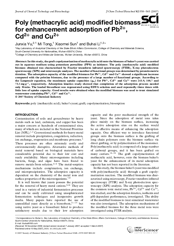(PDF) Poly (methacrylic acid) modified biomass for enhancement ...