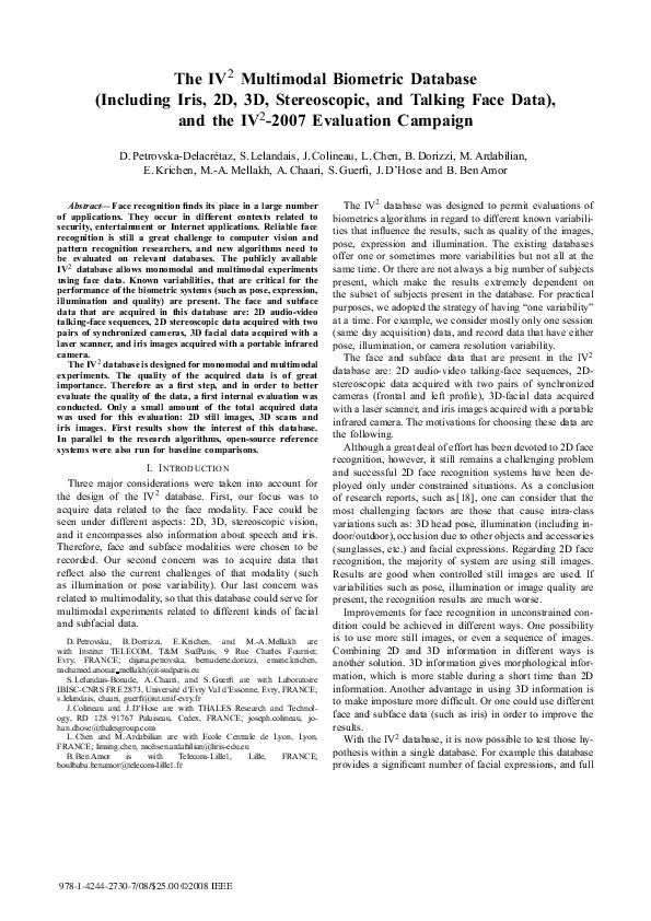 (PDF) The IV2 Multimodal Biometric Database (Including Iris, 2D, 3D, Stereoscopic, and Talking ...