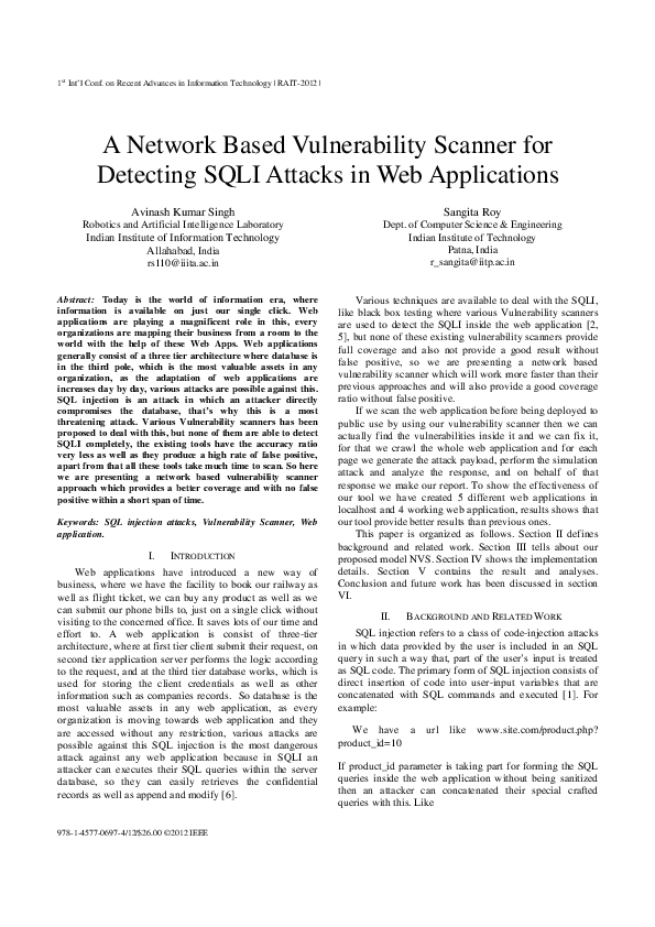 Pdf A Network Based Vulnerability Scanner For Detecting Sqli Attacks