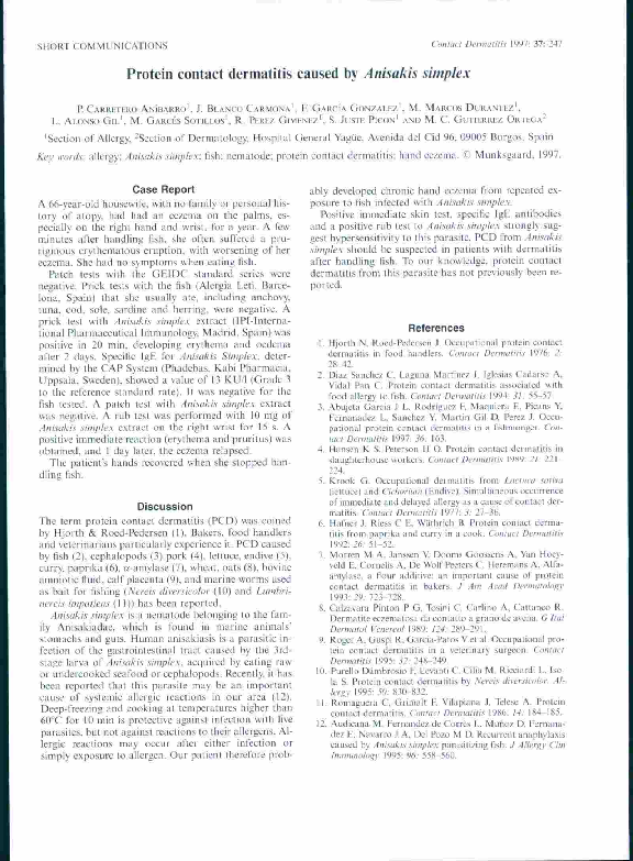(PDF) Protein contact dermatitis caused by Anisakis simplex