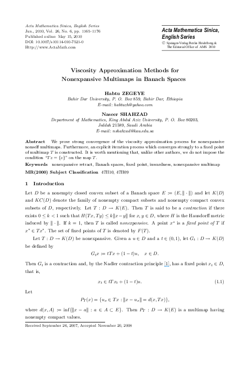 (PDF) Viscosity approximation methods for nonexpansive multimaps in Banach spaces