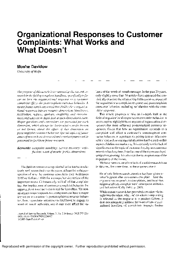 (PDF) Organizational Responses to Customer Complaints: What Works and ...