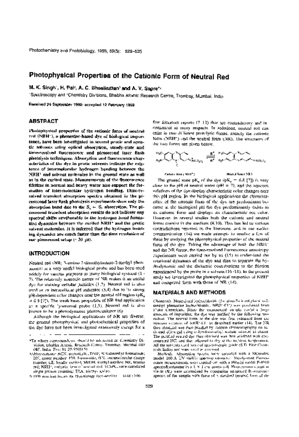 (PDF) Photophysical Properties of the Cationic Form of Neutral Red
