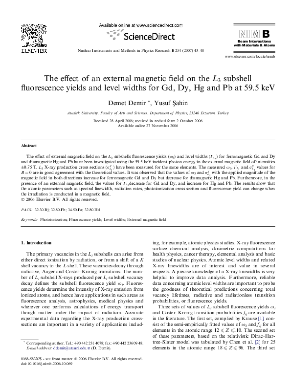 (PDF) The effect of an external magnetic field on the L 3 subshell fluorescence yields and level ...
