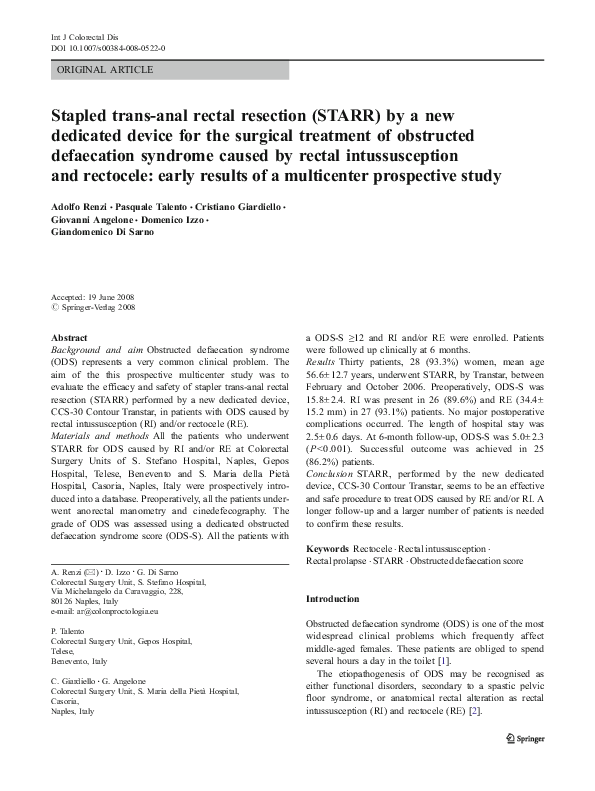 (PDF) Stapled trans-anal rectal resection (STARR) by a new dedicated ...