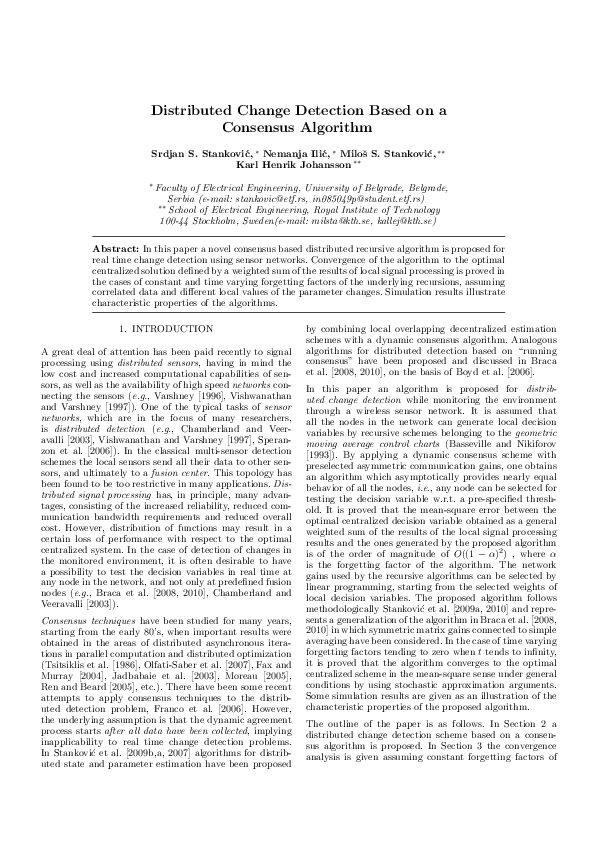 (PDF) Distributed Change Detection Based on a Consensus Algorithm