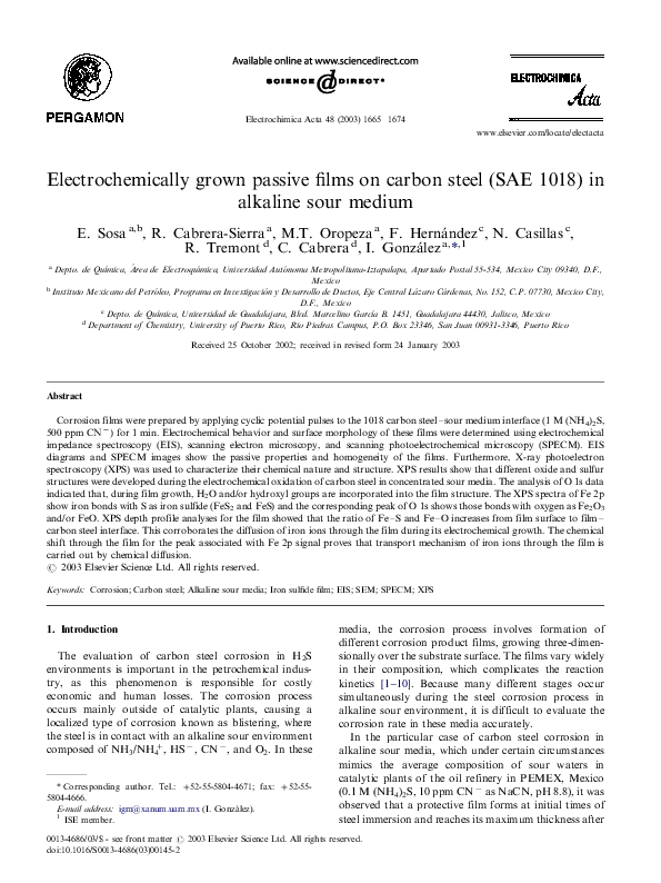(PDF) Electrochemically grown passive films on carbon steel (SAE 1018) in alkaline sour medium