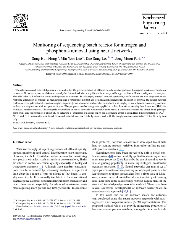 (PDF) Monitoring of sequencing batch reactor for nitrogen and phosphorus removal using neural ...