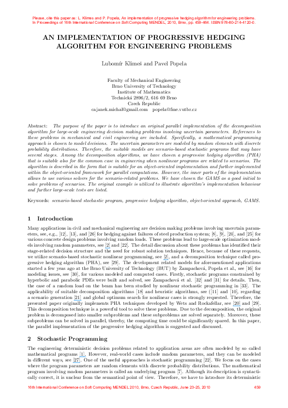 Pdf An Implementation Of Progressive Hedging Algorithm For Engineering Problems