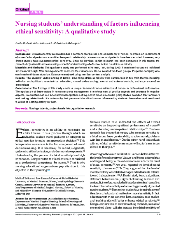(PDF) Nursing students’ understanding of factors influencing ethical sensitivity: A qualitative ...