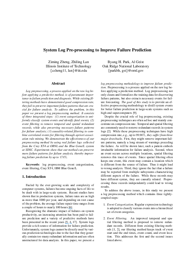 (PDF) System log pre-processing to improve failure prediction