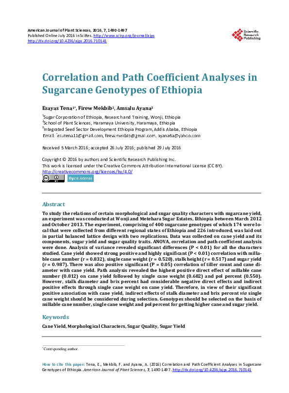 Pdf Correlation And Path Coefficient Analyses In Sugarcane Genotypes