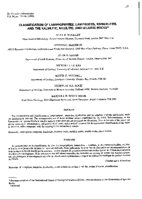 (PDF) Classification of lamprophyres, lamproites, kimberlites, and the ...