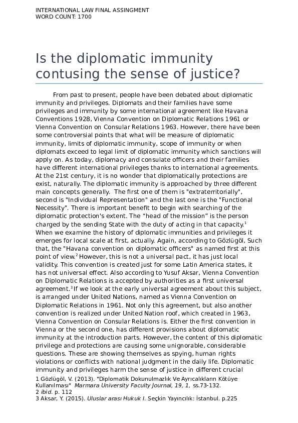 (DOC) Is the diplomatic immunity contusing the sense of justice?