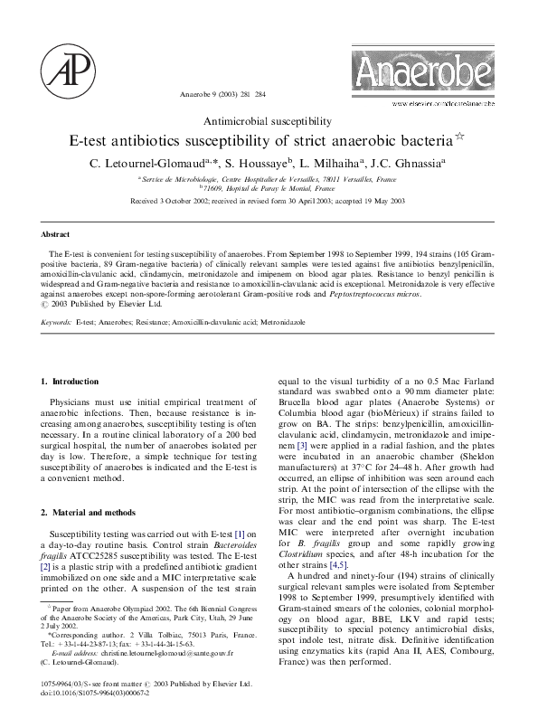 (PDF) E-test antibiotics susceptibility of strict anaerobic bacteria